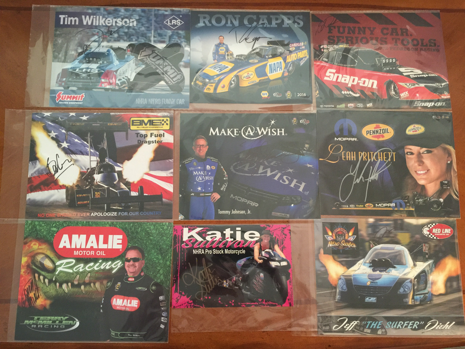 Set of 9 NHRA Drag Racing Driver Autographed Large Action Photo Cards ...
