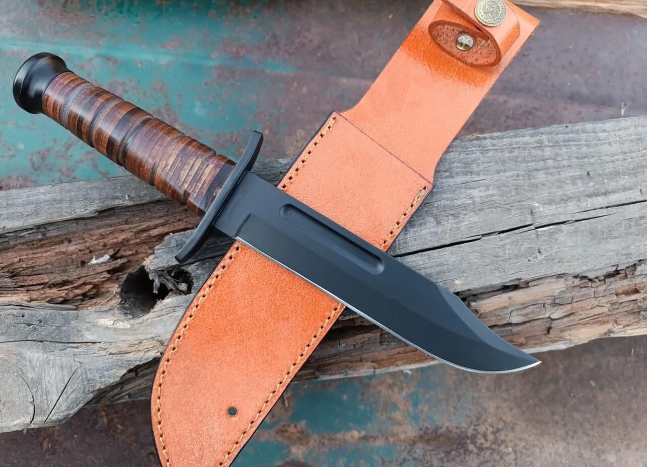 CUSTOM HANDMADE D2 STEEL HUNTING KNIFE LEATHER STACKS HANDLE WORLD WAR ...