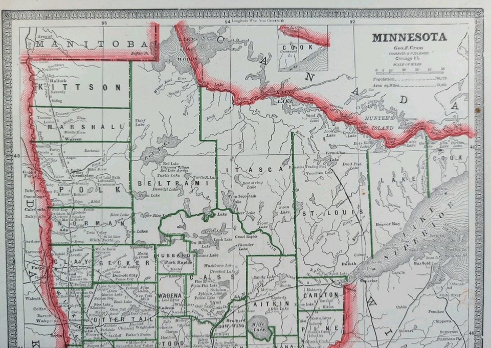 Vintage 1884 MINNESOTA Map 11"x13" ~ Old Antique Original MINNEAPOLIS ...
