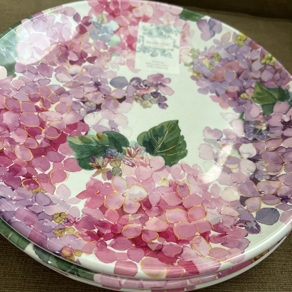 NEW Shabby Chic Purple Pink Hydrangea Floral 11” Melamine Dinner Plates ...