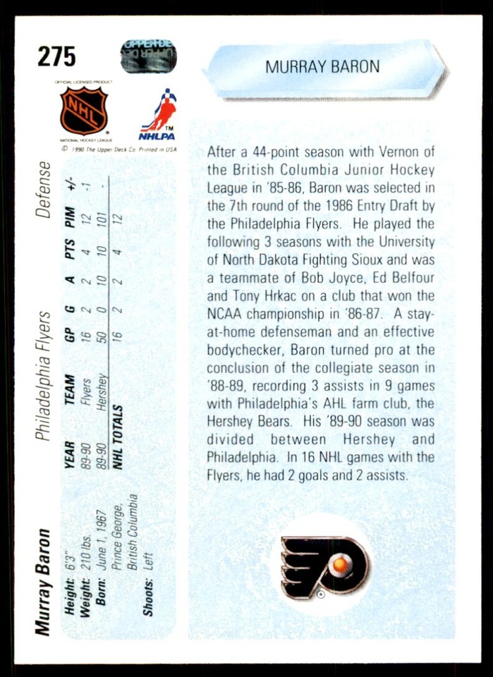 1990-91 Upper Deck Murray Baron Rookie . Philadelphia Flyers #275 | eBay