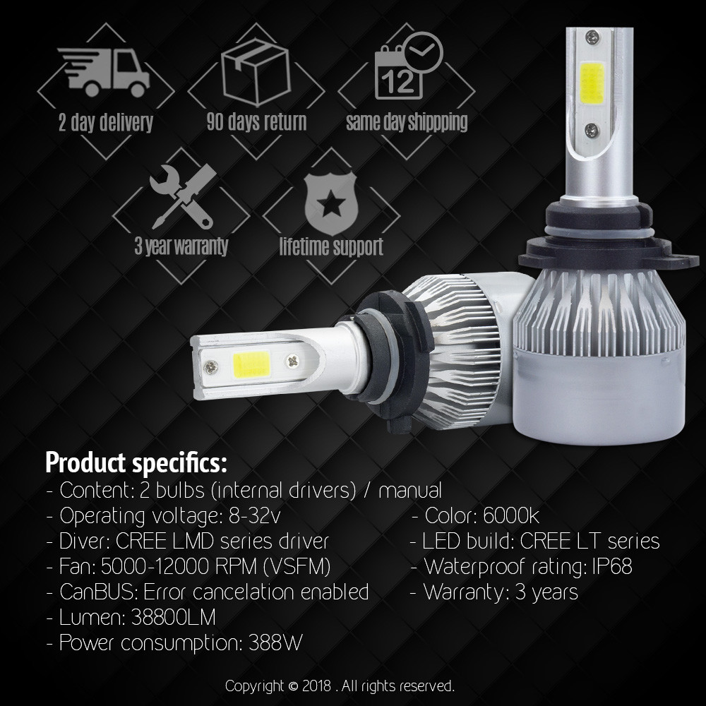 2x 9012 Hir2 LED Headlight Bulb High/low Beam Kit 72w 6000k CREE Flip ...