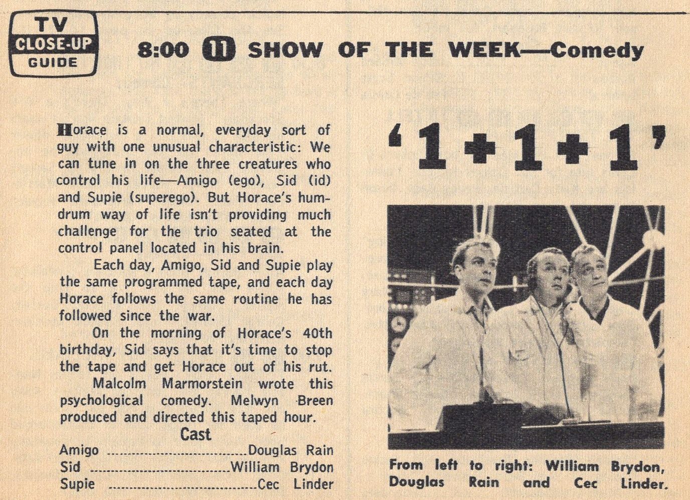 1965 TV AD~WILLIAM BRYDON DOUGLAS RAIN & CEC LINDER in 1+1+1 Malcom ...