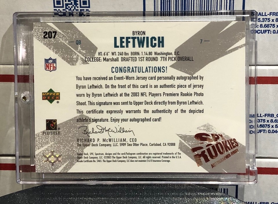 2003 UD SPX BYRON LEFTWICH ROOKIE, #207, AUTOGRAPHED, JERSEY, SERIAL ...