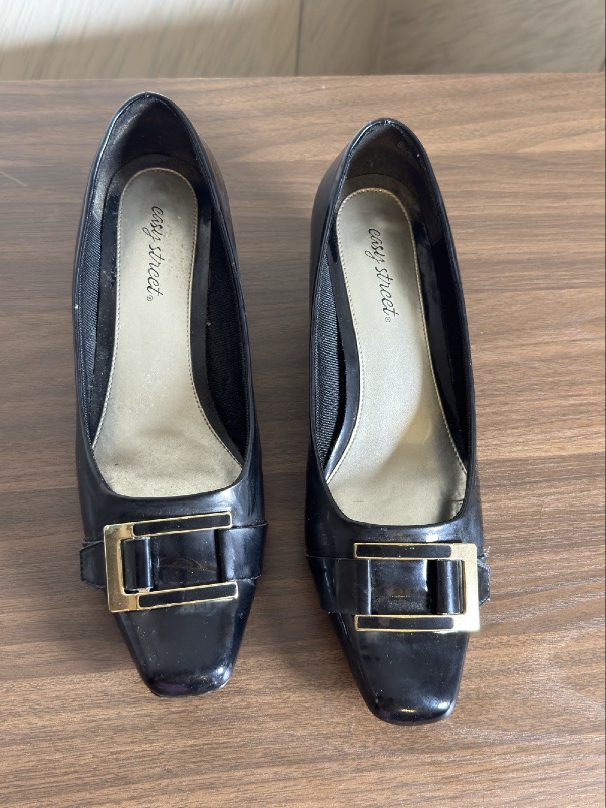 Easy Street Black Buckle Block Heel Slip-On Pumps Square Toe Man Made ...