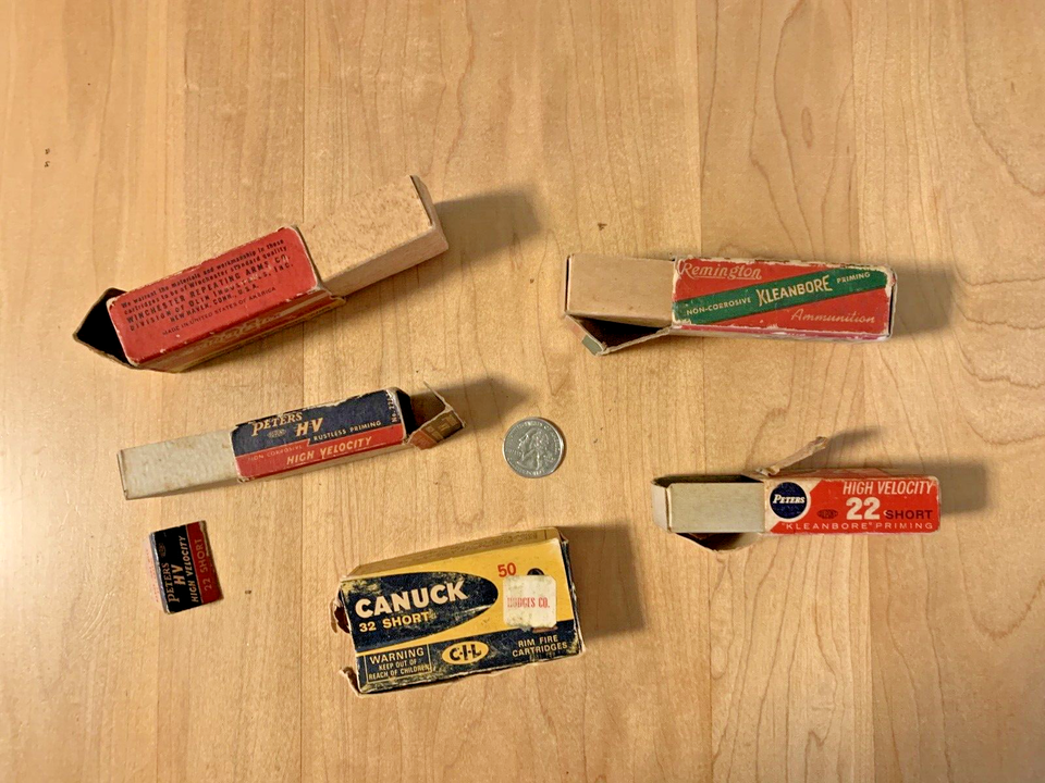 5 Vintage Ammo Empty Boxes, Bullets 22, 25, 32 Canuck, Winchester ...
