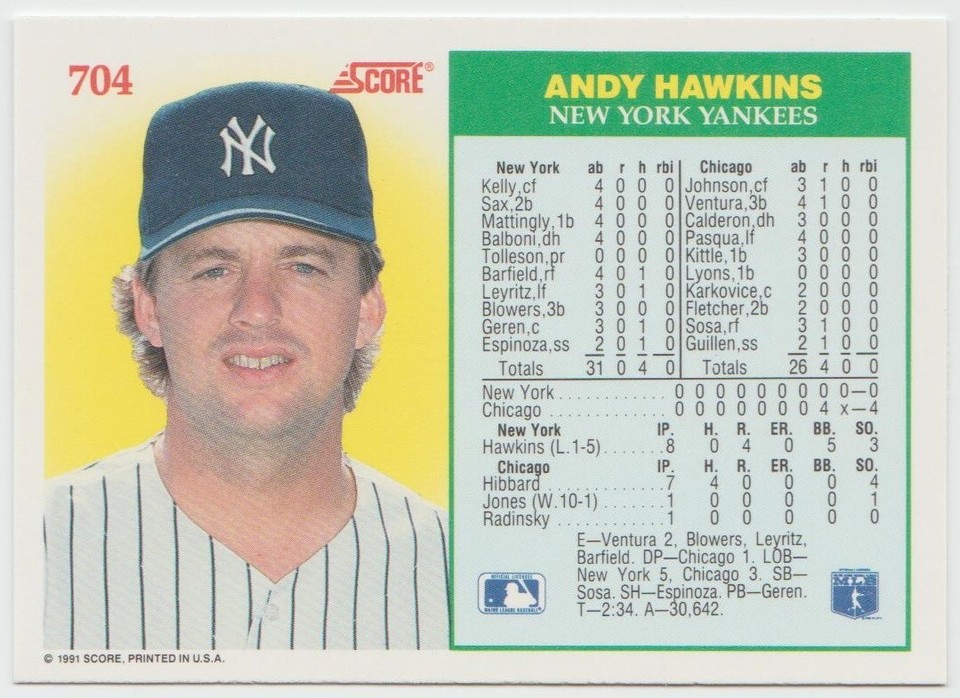 1991 Score Baseball #704 Andy Hawkins NH - New York Yankees | eBay