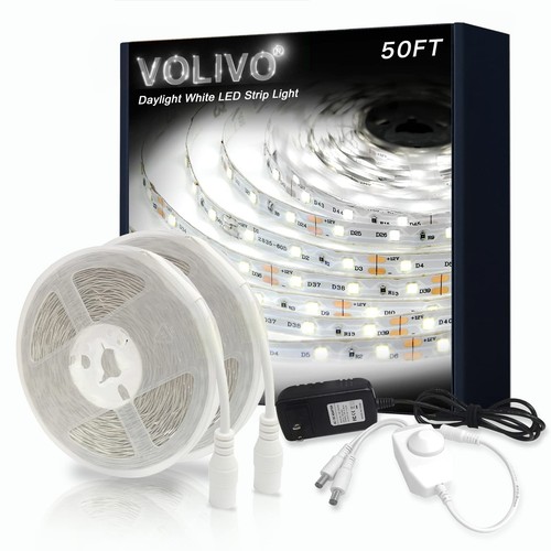 VOLIVO White LED Strip, 50ft Dimmable LED Strip 6500K Bright Daylight ...