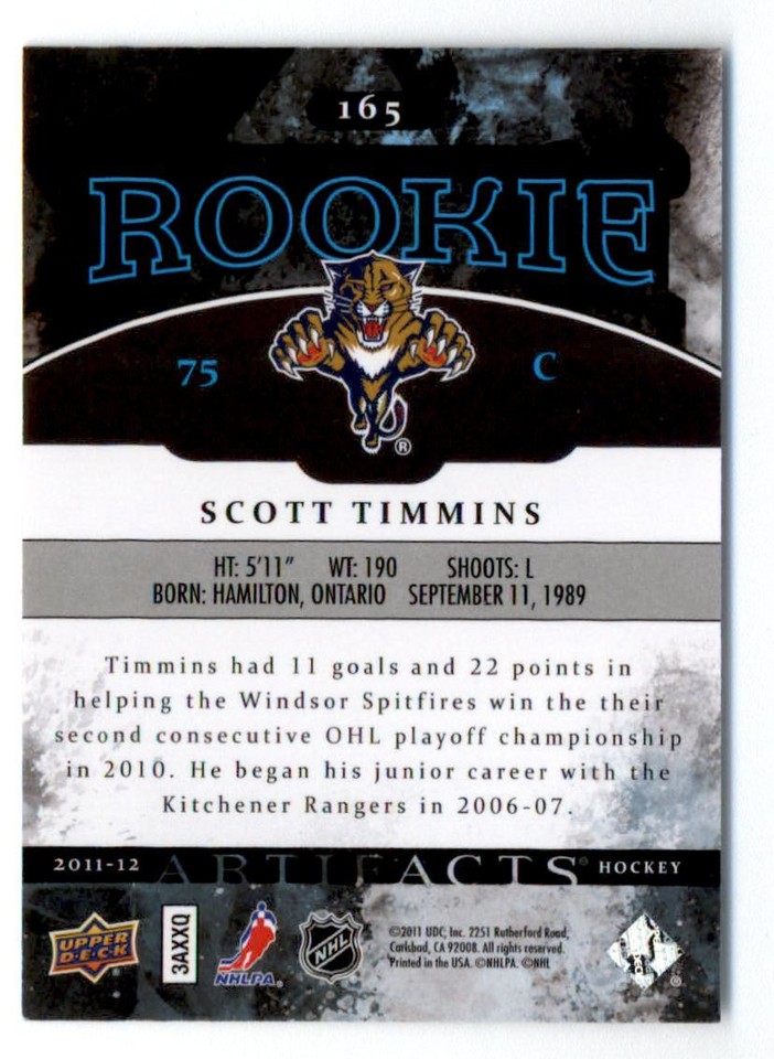 2011-12 Upper Deck Artifacts Scott Timmins Rookie /999 Florida Panthers ...