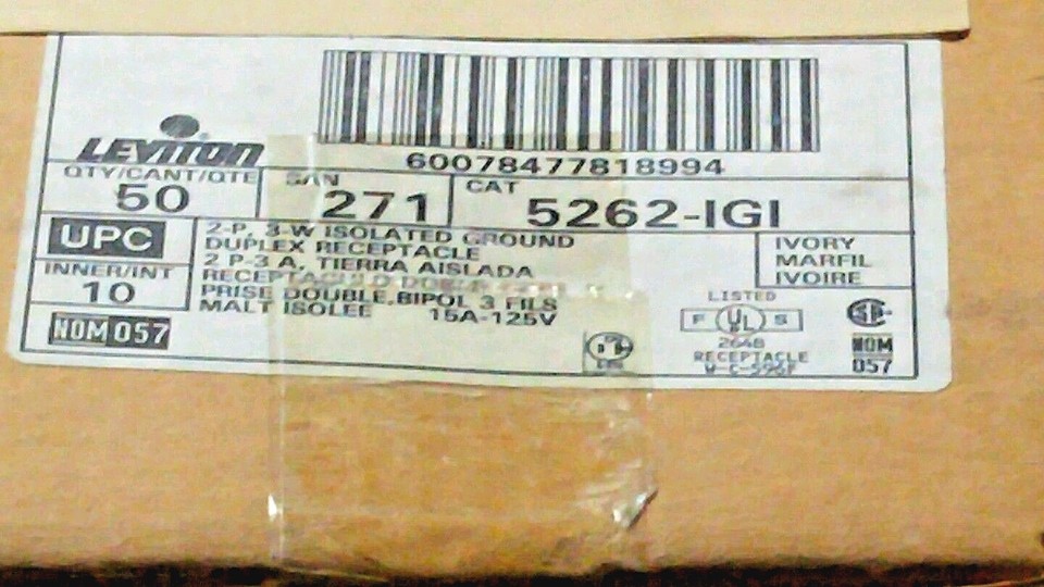 (QTY 50) Leviton 5262-IGI ISOLATED GROUND DUPLEX RECEPTACLE 5-15R 15A ...