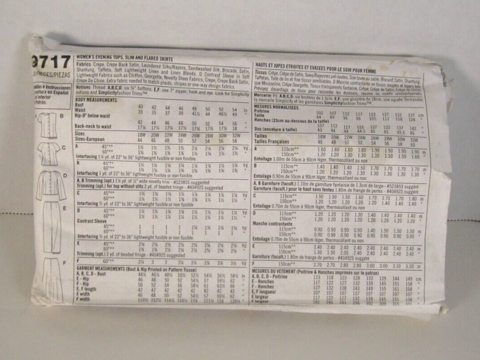 Simplicity Fashion Trims 9717 Evening Tops, Skirts Women's 26W-32W ...