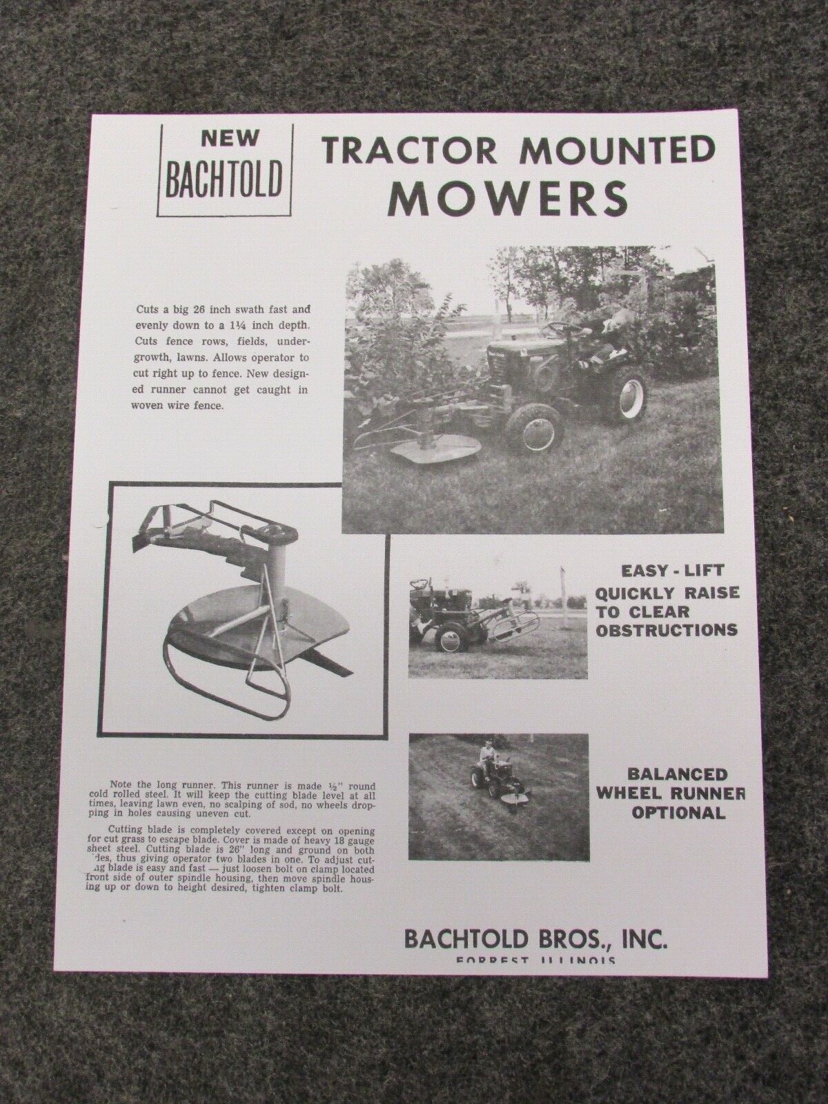 VINTAGE Bachtold TRACTOR MOUNTED MOWERS SPEC SHEET SALES BROCHURE WHEEL ...