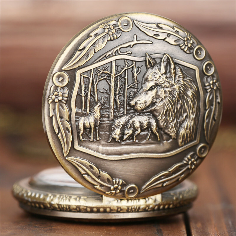 Steampunk Quartz Pocket Watch Wolf Design Bronze Necklace Full Hunter ...