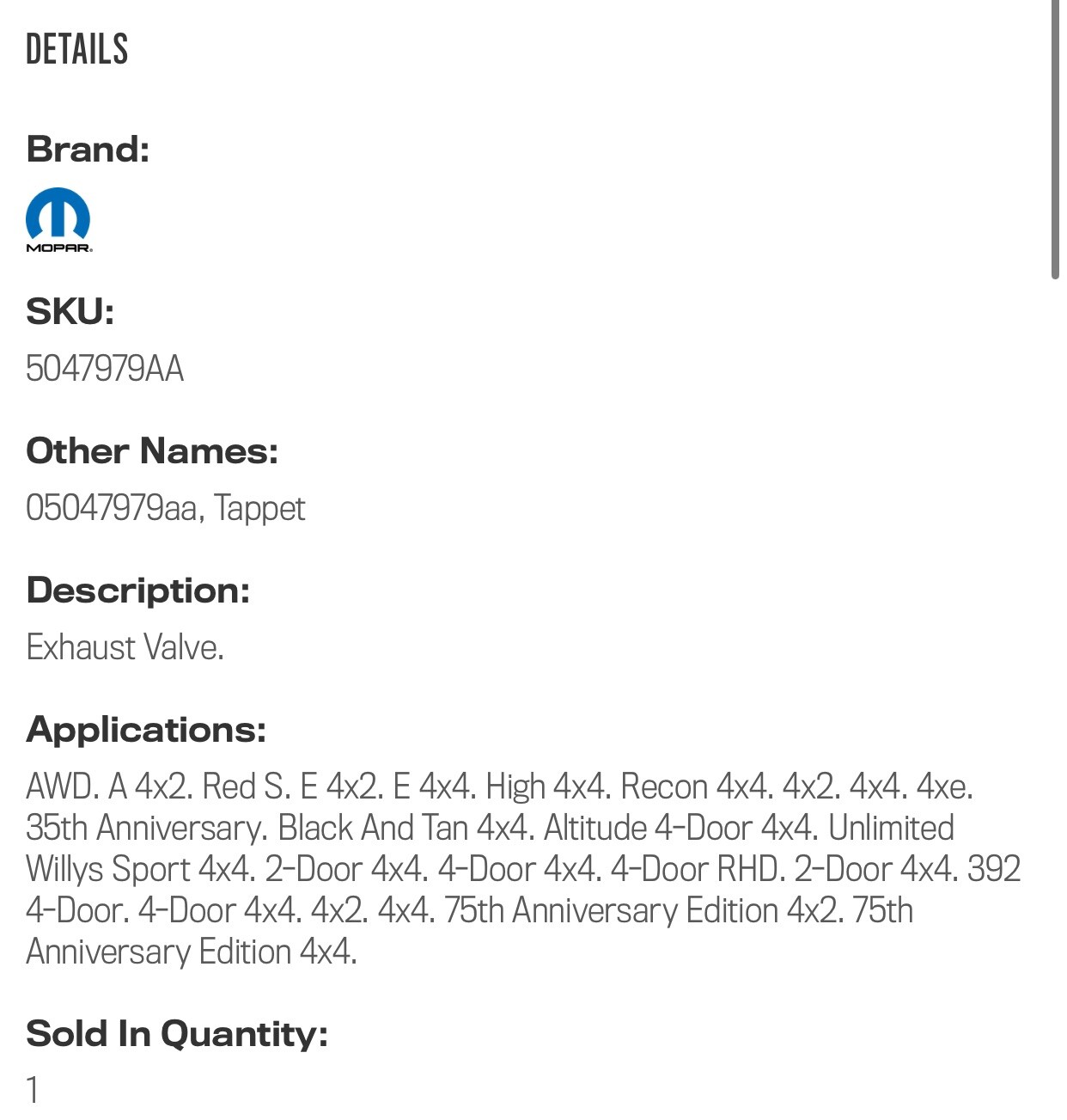 Genuine Mopar Valve Lash Adjuster 5047979AA for sale online | eBay