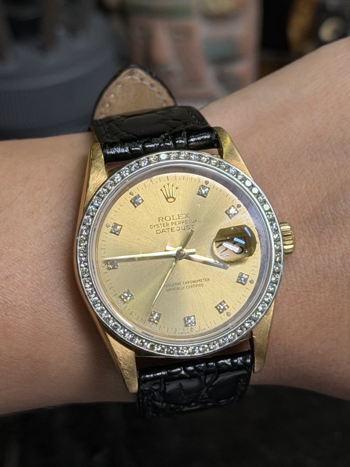 Rolex Datejust 16238 gold diamond Dial 18k Solid Gold 36mm Leather ...