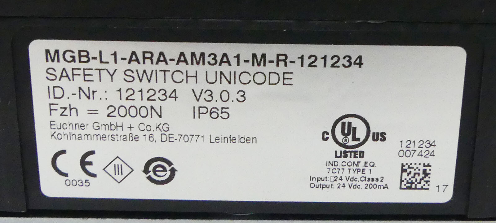 EUCHNER MGB-L1-ARA-AM3A1-M-R-121234 + MGB-C-0000000-A1-109219 -unused ...