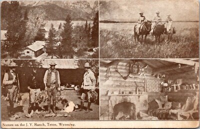 Scenes on the JY Ranch, Teton WY Cabins, Cowboys Vintage Postcard H51 ...