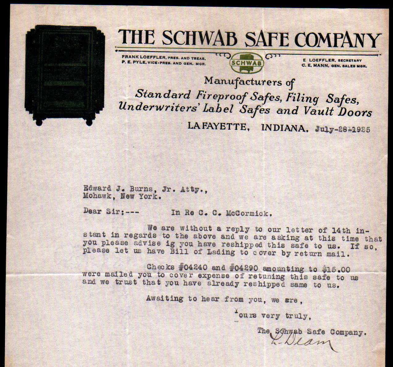 Schwab Safe Co - LaFayette In 1935 - History Rare Letter Head Bill | eBay