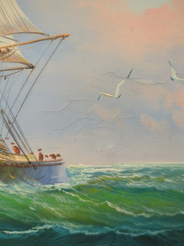 Nautical Painting Signed DAVIS Schooner Ship Seascape W/Birds Painting ...