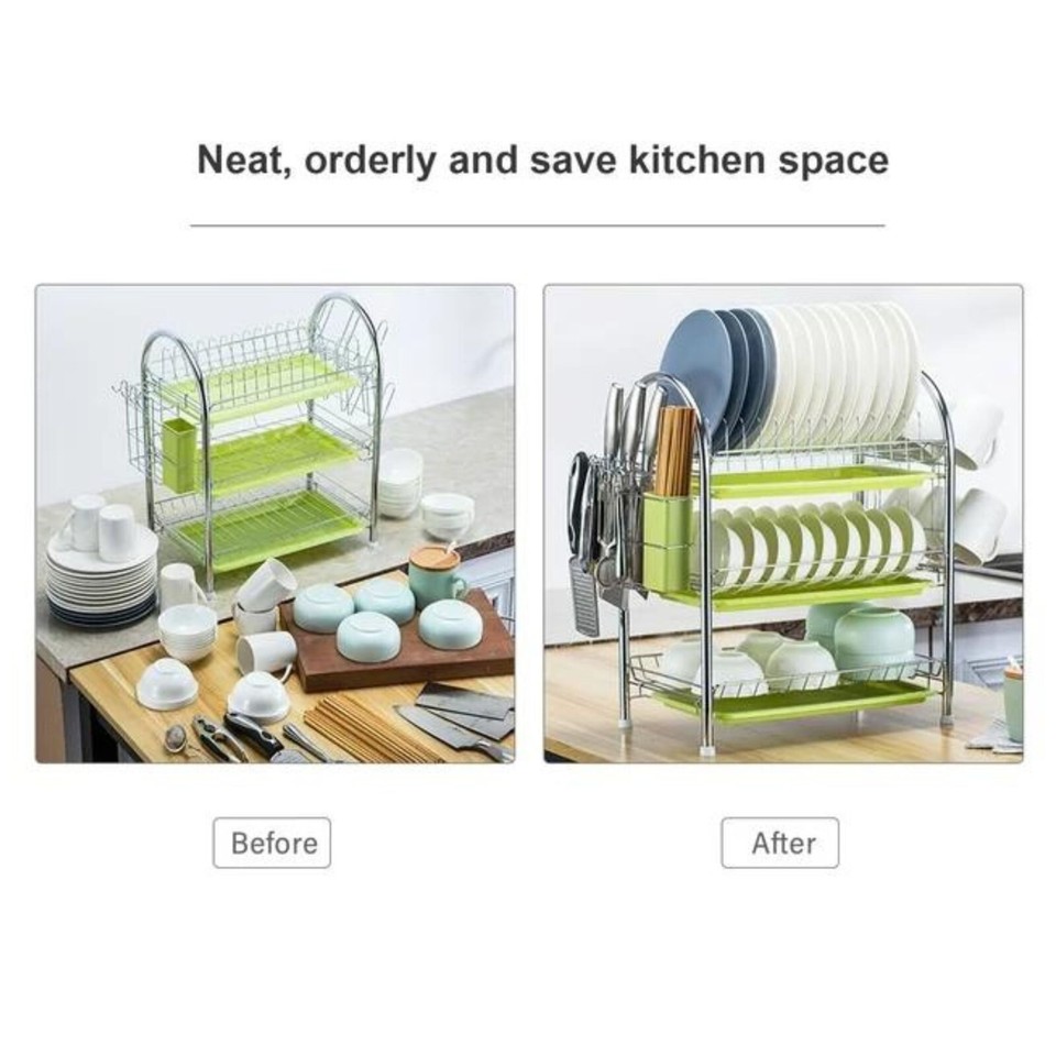 Sink Dish Drying Rack 3-Tier Stainless Kitchen Shelf Cutlery Drainer | eBay