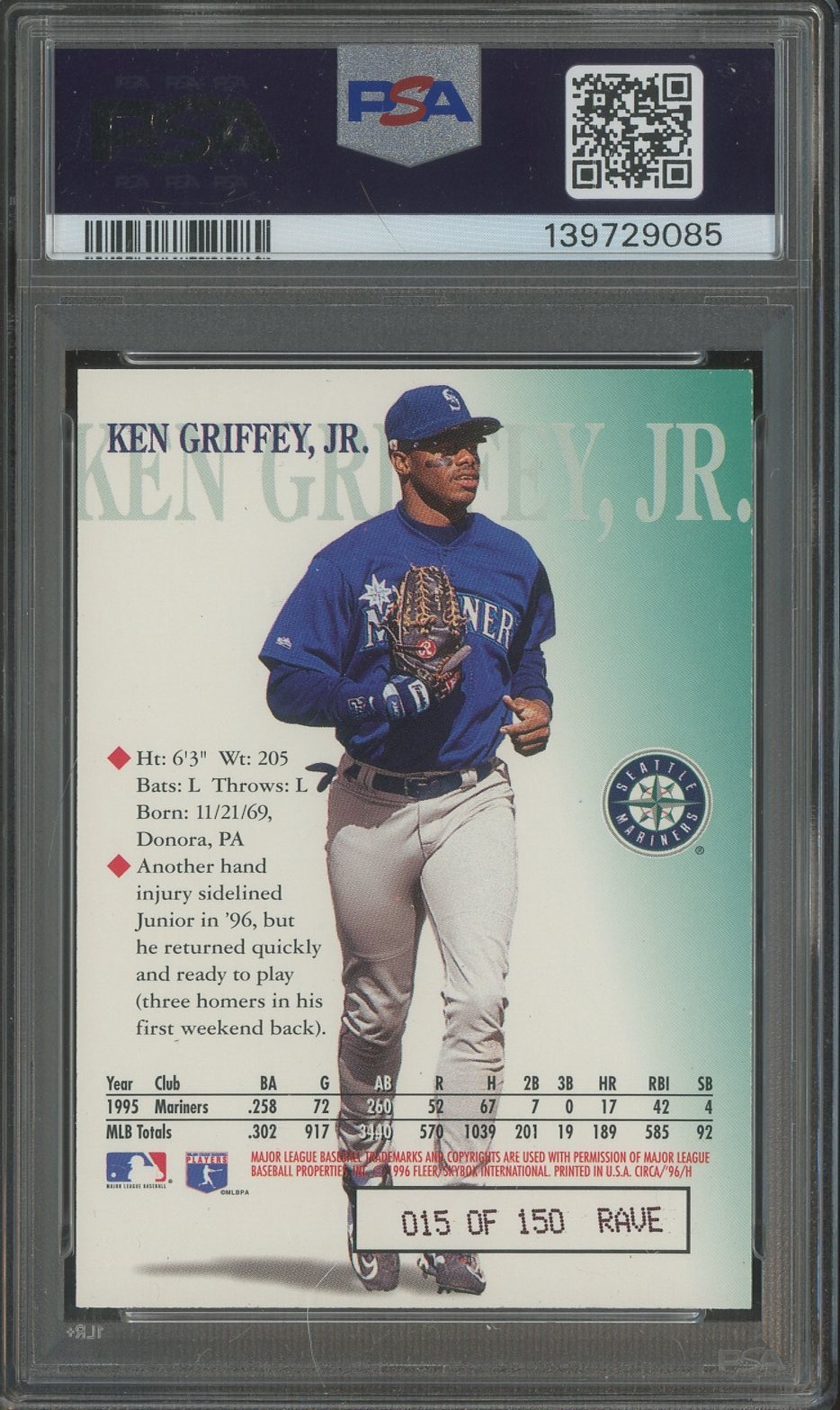 1996 Circa Rave Ken Griffey Jr Mariners HOF 15/150 PSA 7 " 1st Year ...