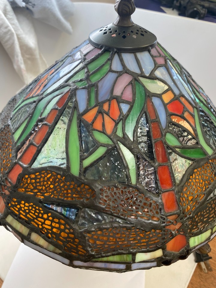 VINTAGE-Stained Glasses Dragon Fly Shade Turtle Back Lamp Rare 15x12 ...