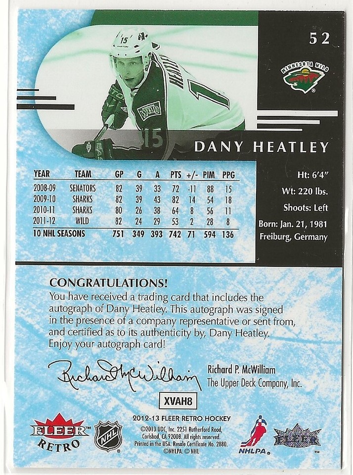 2012-13 Fleer Retro Autographs #52 Dany Heatley Minnesota Wild | eBay