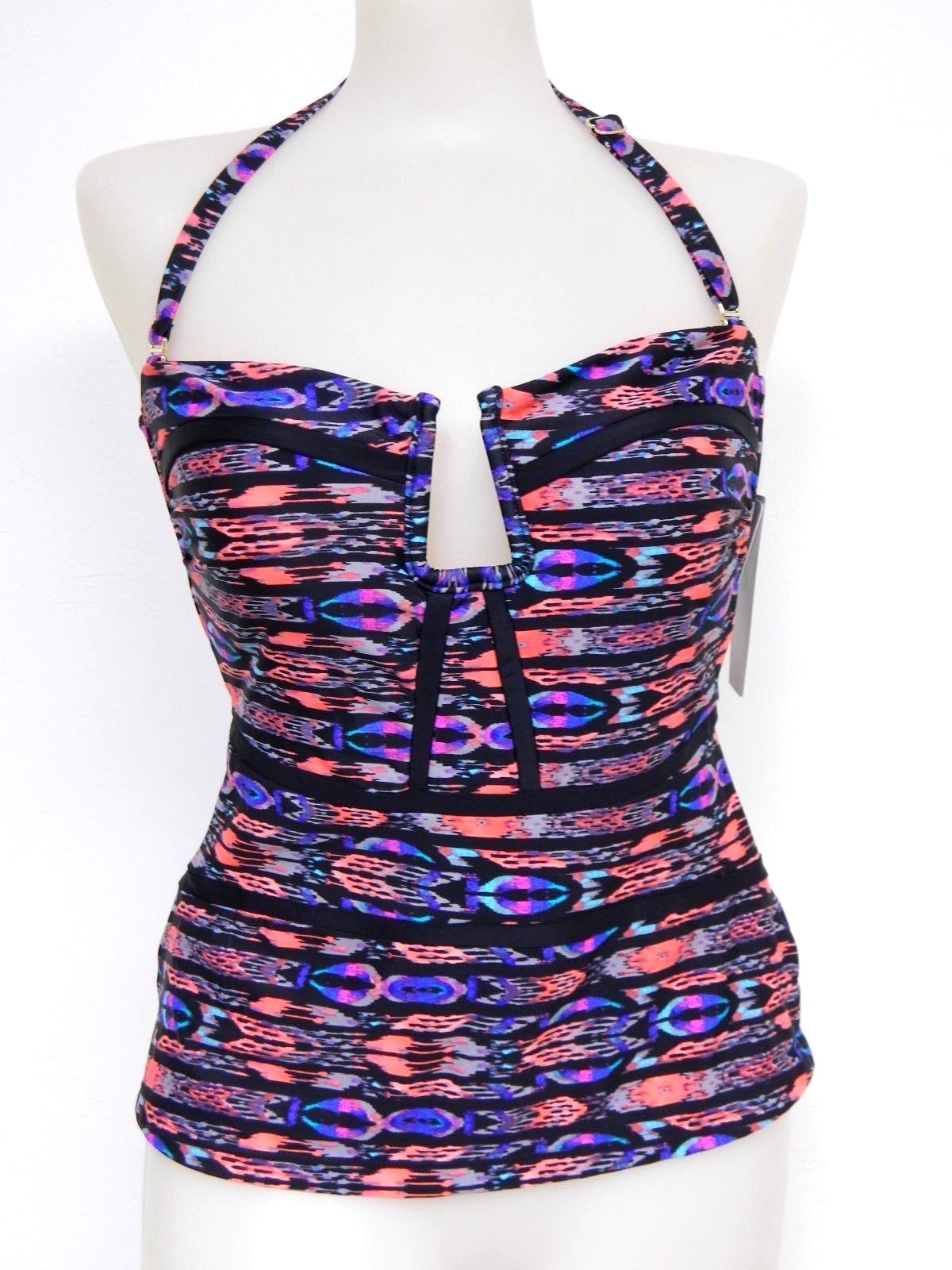 Island Escape Black Tribal Print Bandeau Tankini Swimsuit W/Strap TOP ...