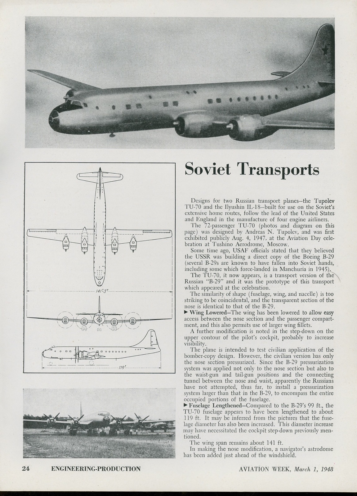 1948 Aviation Article Soviet Transport Planes Tupolev TU-70 & Ilyushin ...