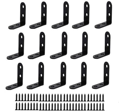 15xFlat L-Shape 90°Joint Fastener Kit Stainless Steel Black L Bracket ...