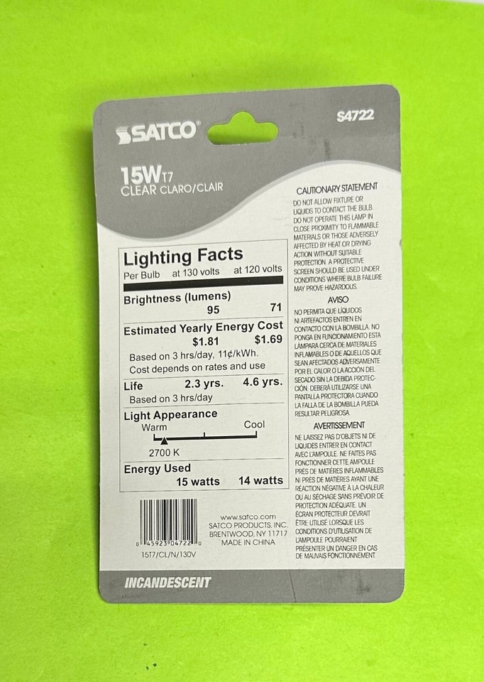 Satco S4722 15 15T7/CL/N 130V 120V INTERMEDIATE Base Clear Appliance ...