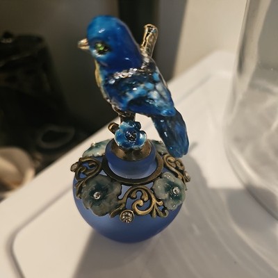 Vtg Blue Frosted Glass Bird Perfume Bottle Rhinestones Enamel Flowers 3 ...