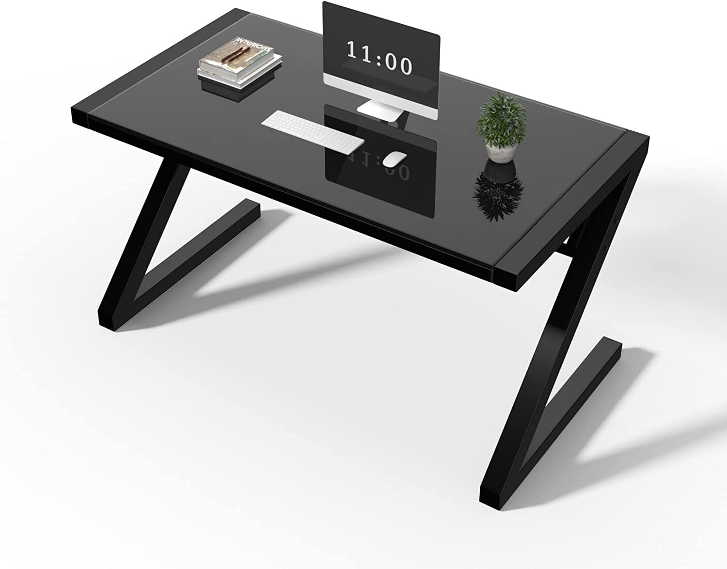 55'' Z Shape Computer Desk Tempered Glass Table Modern Office Desk ...