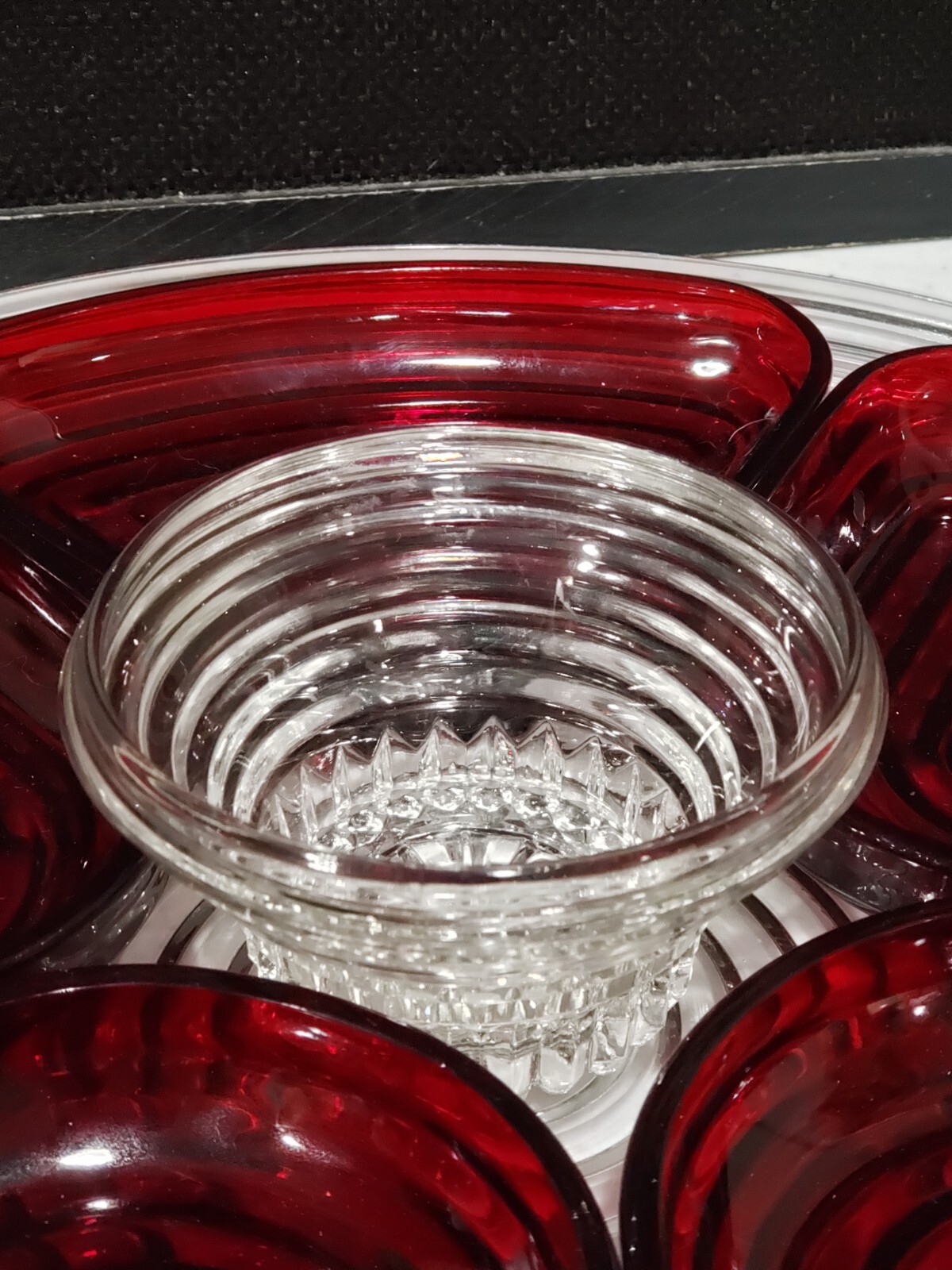 14" Anchor Hocking MANHATTAN Glass Relish Tray WITH ROYAL RUBY Relish ...