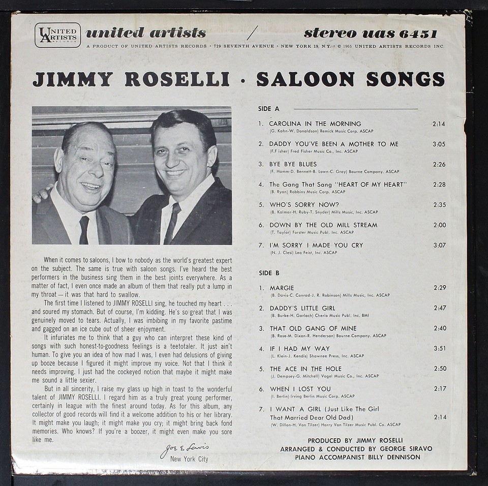 Jimmy Roselli - Saloon Songs - original LP record [NHA5-135] USA | eBay