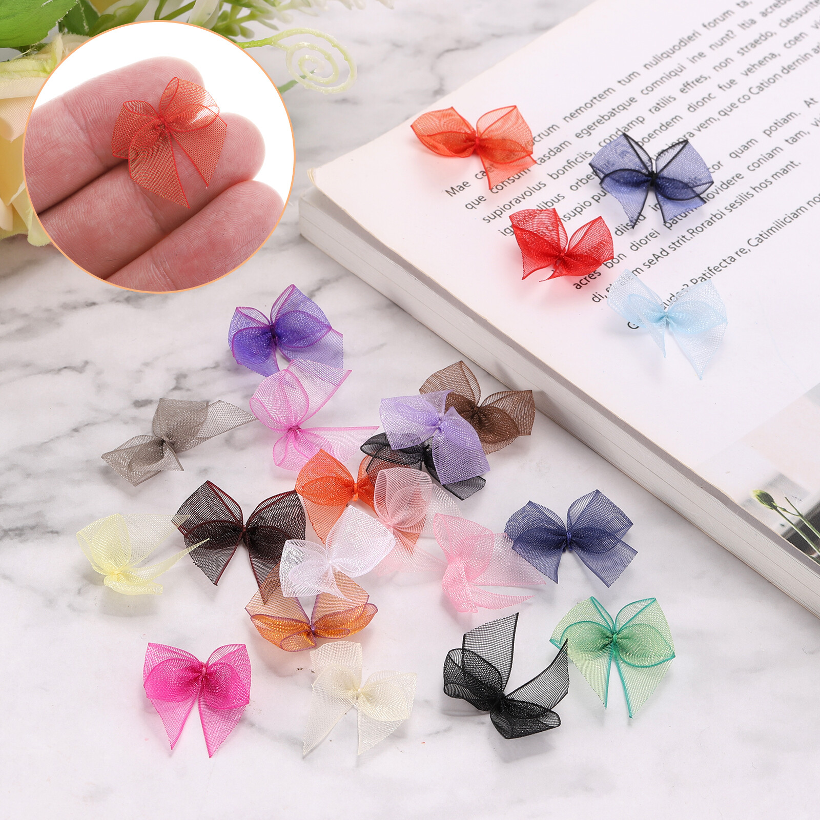 50Pcs Mini Chiffon Ribbon Bow 1" Mini Fabric Satin Craft DIY Rose Red ...