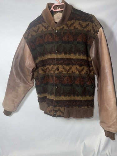 vintage USA WOOLRICH wool AZTEC Southwestern Leather L letterman BOMBER ...