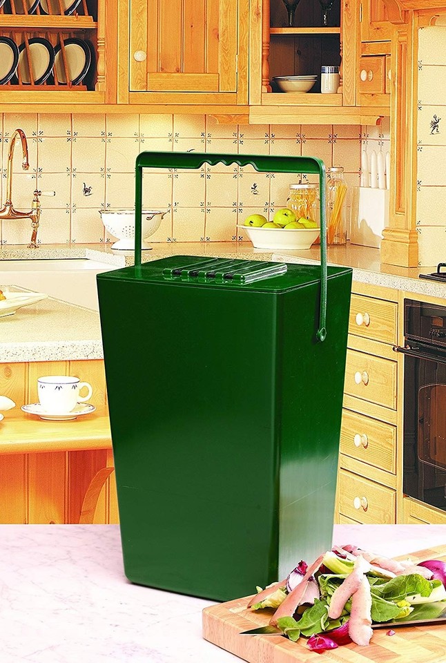 GREEN COMPOST CADDY FOOD WASTE BIN WITH CARBON FILTER LID CARRY HANDLE ...