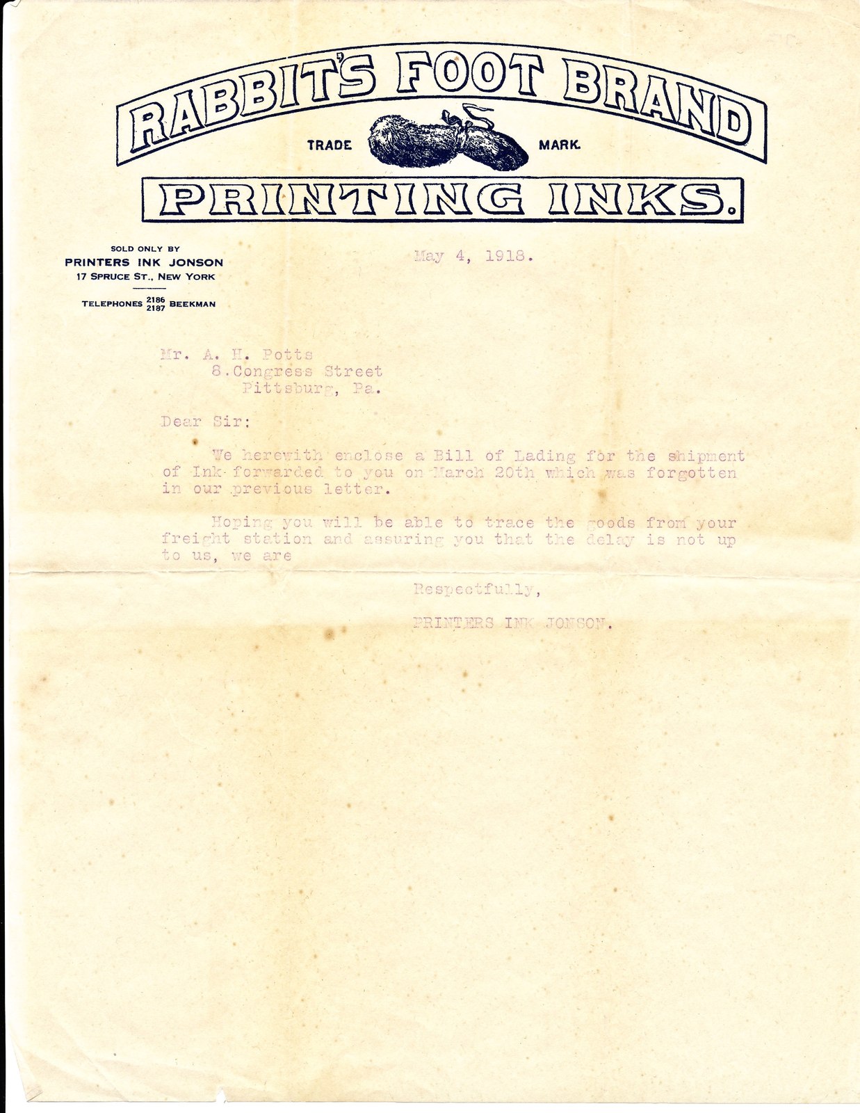 1918 BILL HEAD LETTERHEAD PRINTERS INK JONSON - RABBIT'S FOOT BRAND A H ...