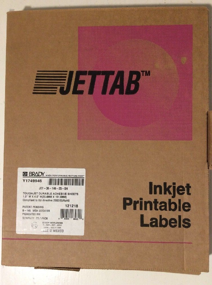 Brady JET3614625SH Tough Jet Labels 1” x 4” 25/pack JETTAB Y1749946 | eBay