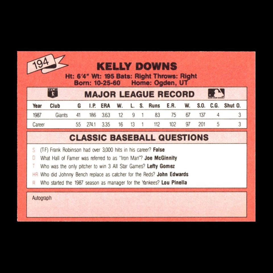 Kelly Downs 1987 Classic Update San Francisco Giants #194 R320G 92 | eBay