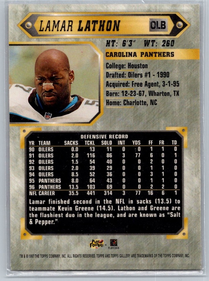 1997 TOPPS GALLERY CARD # 76 Lamar Lathon - Carolina Panthers | eBay