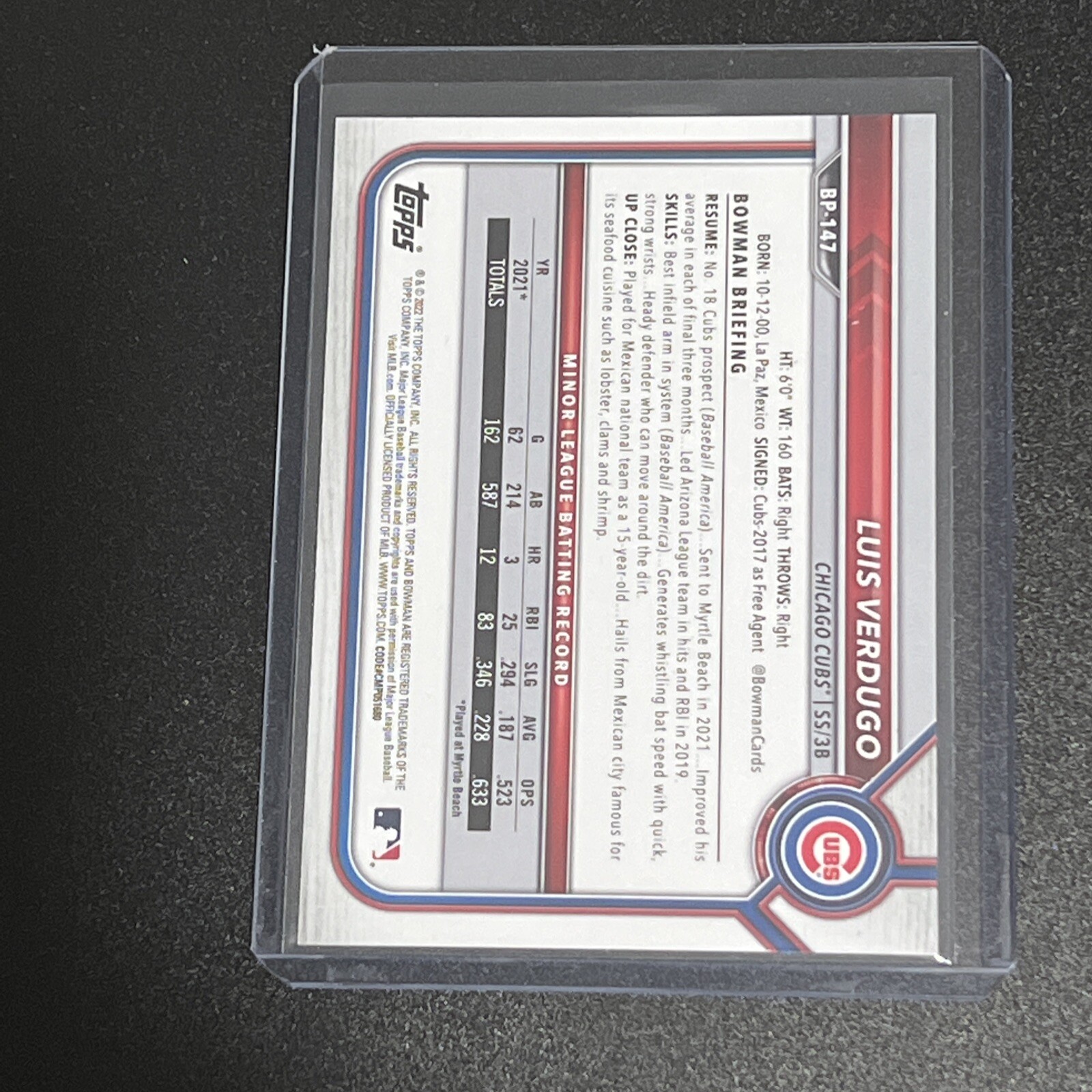 2022 BOWMAN 1st LUIS VERDUGO Blue Border PARALLEL 137/150 Cubs BP-147 ...