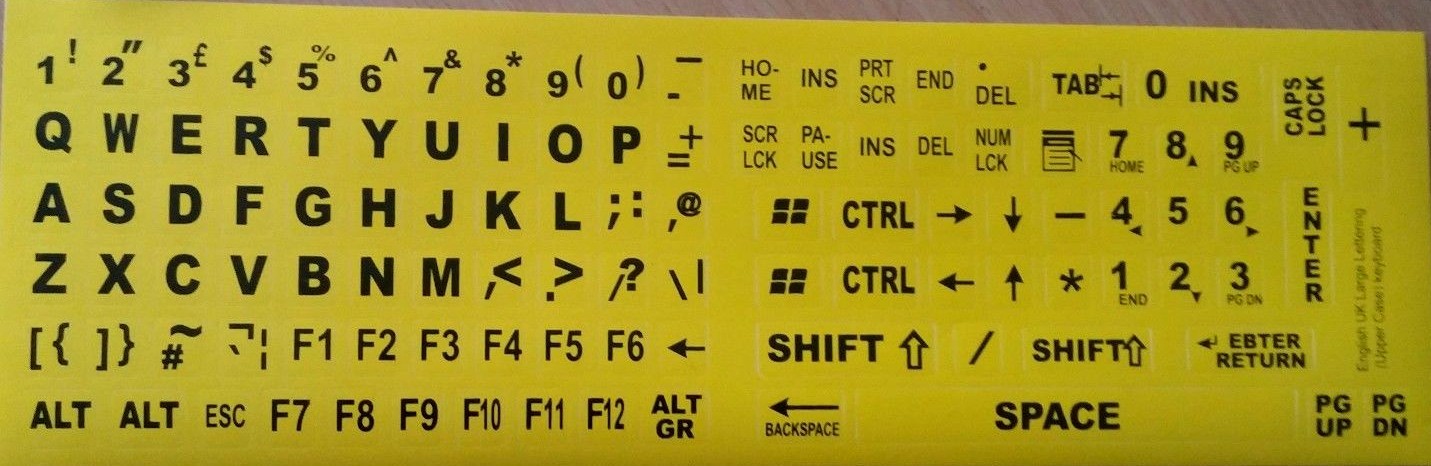 English UK Large BLACK Letter on YELLOW Keyboard Stickers full keyboard ...