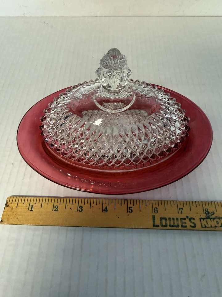 Vintage Indiana Glass Ruby Flash Diamond Point Oval Covered Butter Dish ...