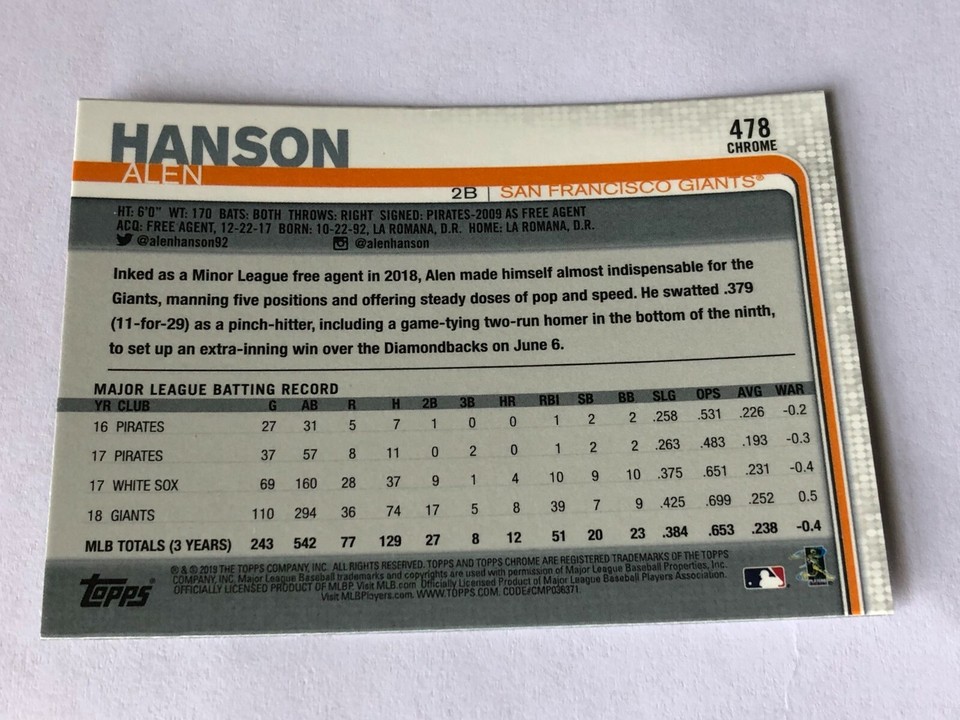 2019 Topps Chrome Sapphire Alen Hanson #478 San Francisco Giants MLB B ...