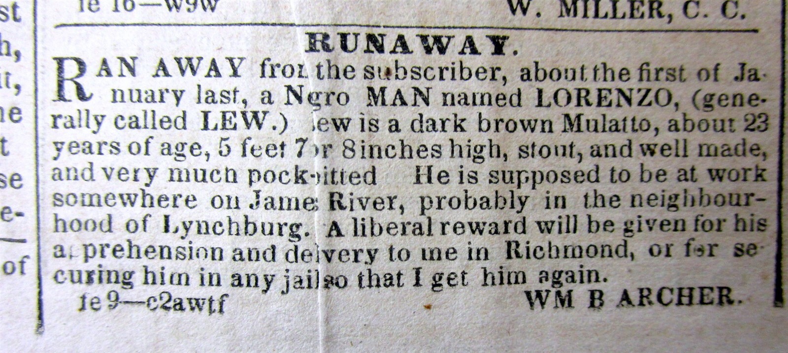 1841 Richmond VIRGINIA newspaper w NEGR0 SLAVES for SALE Ad & Runaway ...
