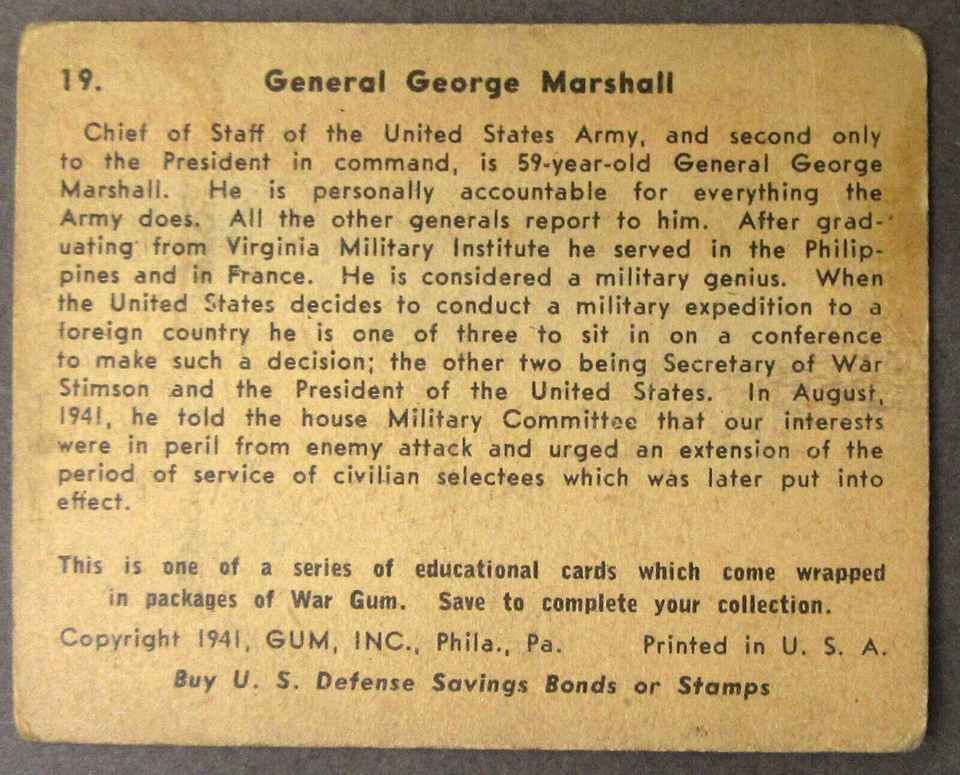 1941 R164 War Gum #19 General George Marshall Gum Inc. trading card | eBay