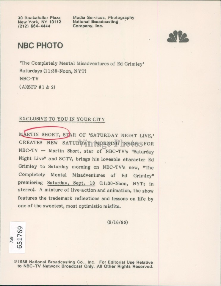 1988 Martin Short Saturday Night Live Nbc Animation Press 7X9 Vintage ...