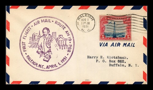 DR JIM STAMPS US COVER FIRST FLIGHT AIR MAIL AM 19 RALEIGH NORTH ...